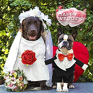 FUAMEY Dog Wedding Dress,Pet Costumes Evening Dresses Tutu Shirts,Puppy Girl Bride Skirt Holding Flowers Clothing,Fancy Luxury Rose Lace Dog Cat Bridesmaid Attire,Pet Sweet Formal Apparel Outfit White