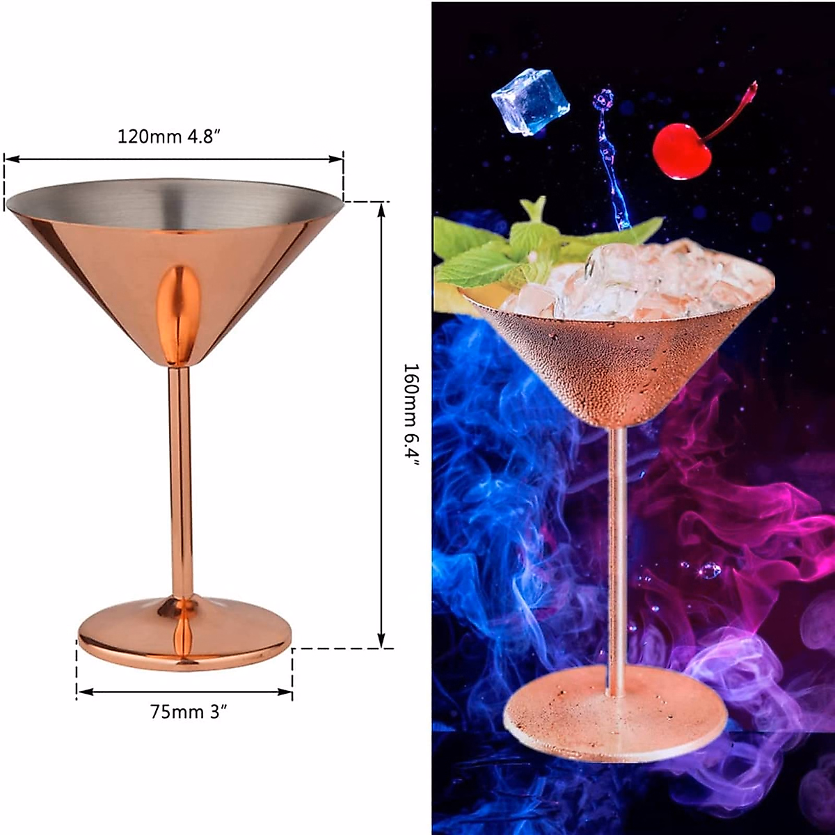 CmengAo Rose Gold Martini Glasses Set of 2, Copper Plated Stainless Steel Martini Margarita Cocktail Glasses (8oz)