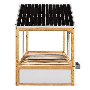 CKLMMC Twin Size House Shaped Canopy Bed with Black Roof and White Window,Blackboard Little Shelf, Wood Platform for Kids, Teens, Girls & Boys, Can Be Decorated (White#Canopy*H), House Canopy Bed