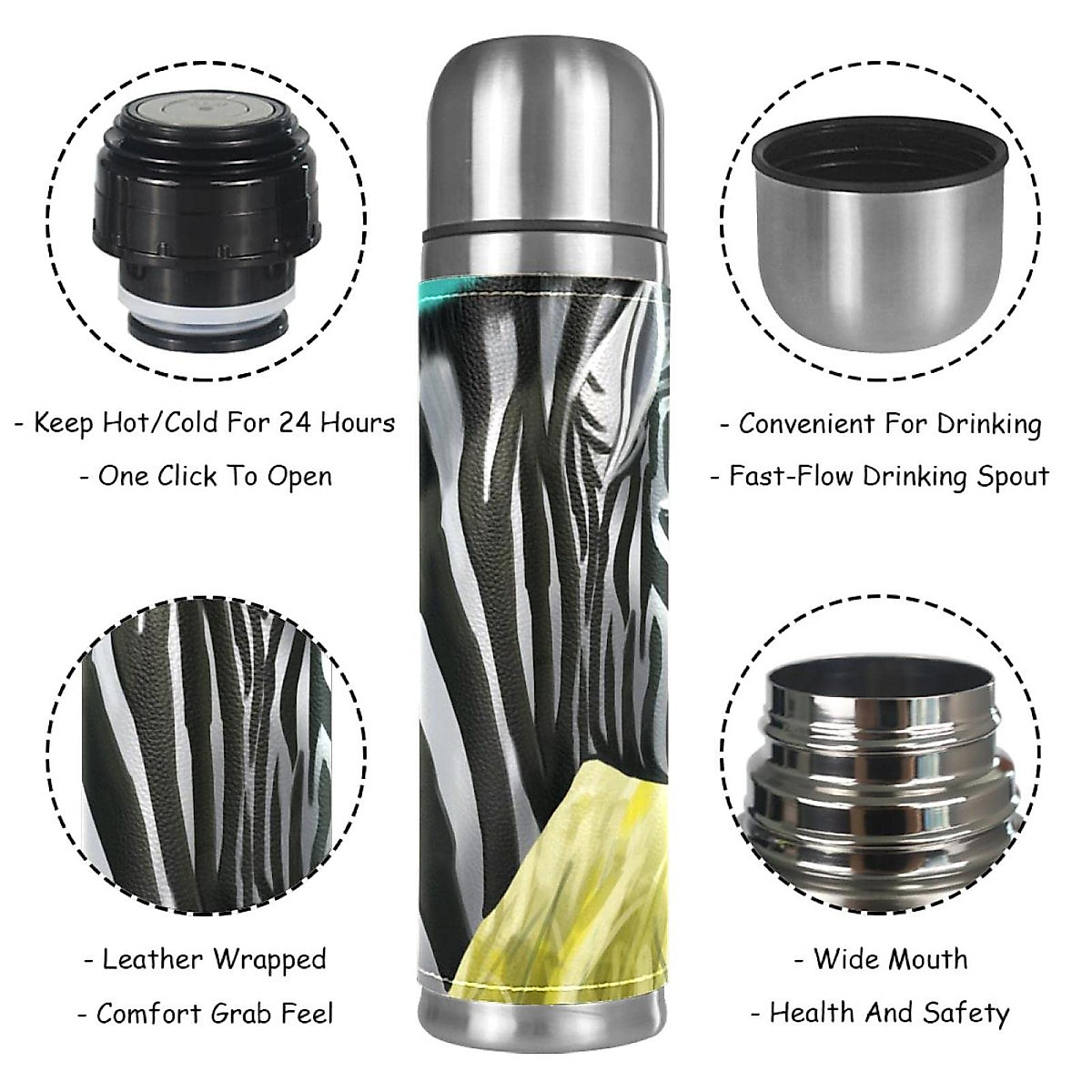 Stainless Steel Leather Vacuum Insulated Mug Zebra Thermos Water Bottle for Hot and Cold Drinks Kids Adults 16 Oz