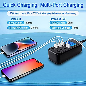 USB Charging Station, 60W 8 Port USB Charging Hub 12A USB Charger Station with LCD Display for Multiple Devices, Smart Desktop USB Charger for iPhone 14/14 Pro/13 Pro/13 Pro Max, Galaxy, iPad