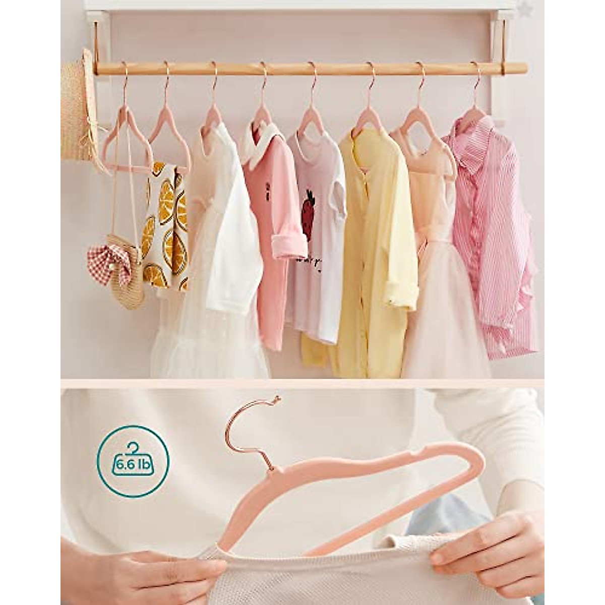 SONGMICS Kids Hangers Velvet 50 Pack, Children’s Hangers for Closet with Rose Gold Hooks, Premium Velvet Hangers for Nursery, Non-Slip Hangers, Light Pink UCRF027P01