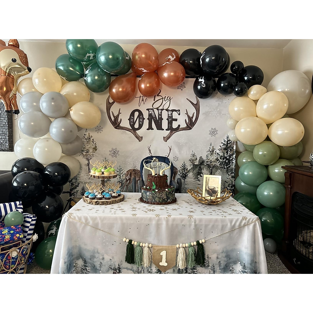 Mocsicka Deer 1st Birthday Backdrop Advenrture Winter Forest Deer Party Decoration The Big One Deer Antlers Rustic 1st Birthday Banner Bakground (Green, 7x5ft(82x60 inch))