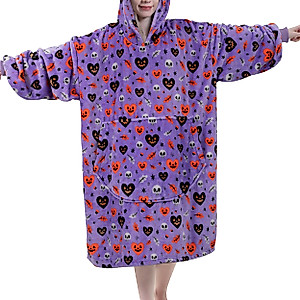 Easy-Going Oversized Flannel Wearable Blanket Hoodie for Adults, One Size Fits All, Purple