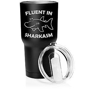 Smooth Body Tumbler Stainless Steel Vacuum Insulated Travel Mug Cup Gift Fluent In Sharkasm Funny Shark (Black, 30 oz)