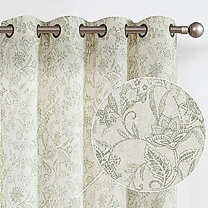 Lazzzy Linen Farmhouse Curtains for Living Room 84 Inch Length Floral Print Window Curtains Semi Sheer Drapes for Bedroom Country Light Filtering Curtain Grommet Top 2 Panels Green on Beige