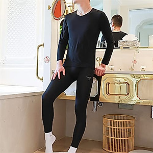 IYUNYI Men's Thermal Underwear Set, Ice Silk Feeling Long Johns, Winter Thin Base Layer Top & Bottom Black