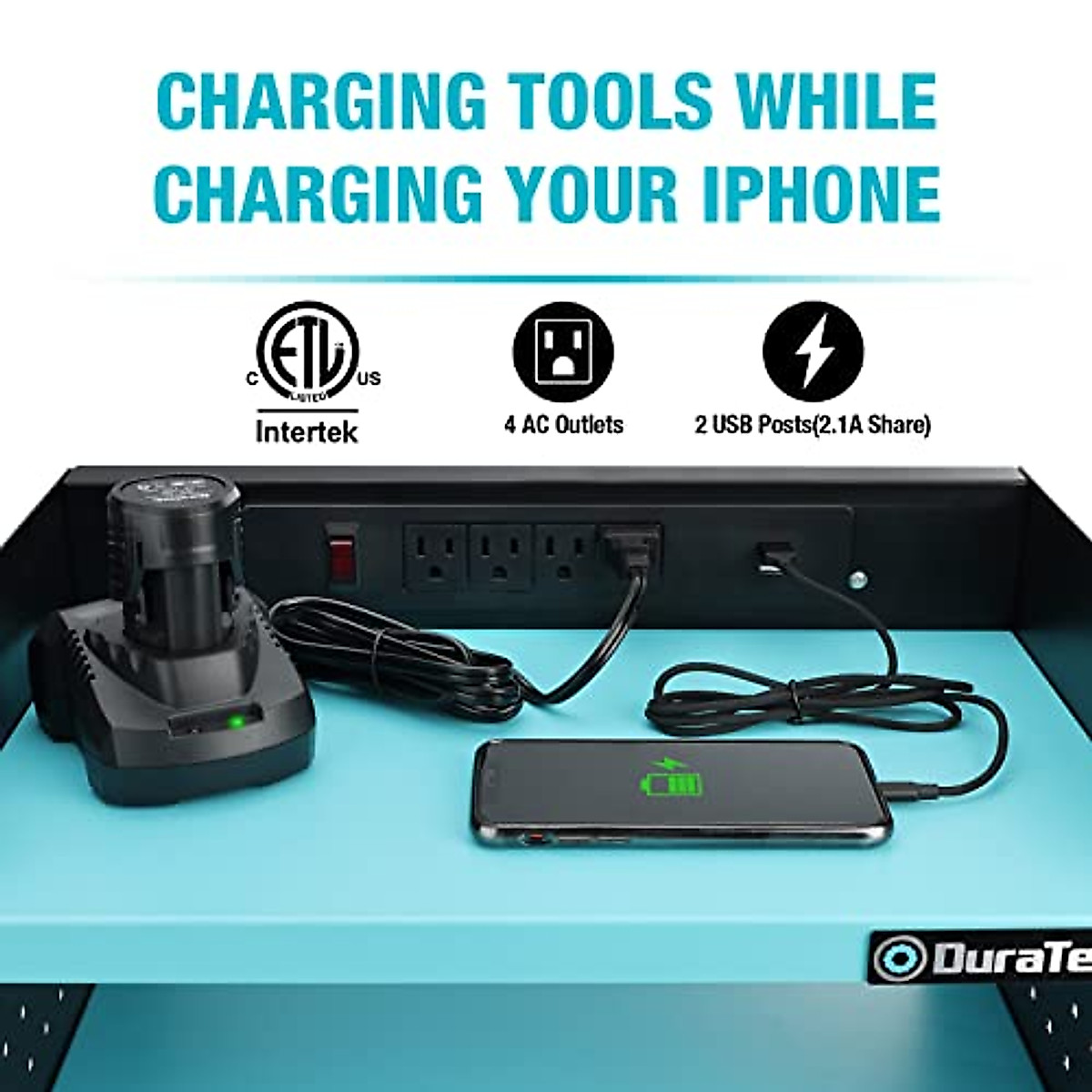 DURATECH Power Tool Organizer Wall Mount with Power Strip, Durable Power Tool Holder, Power Tool Storage Rack with 4 Drill Holders for Workshop, Garage