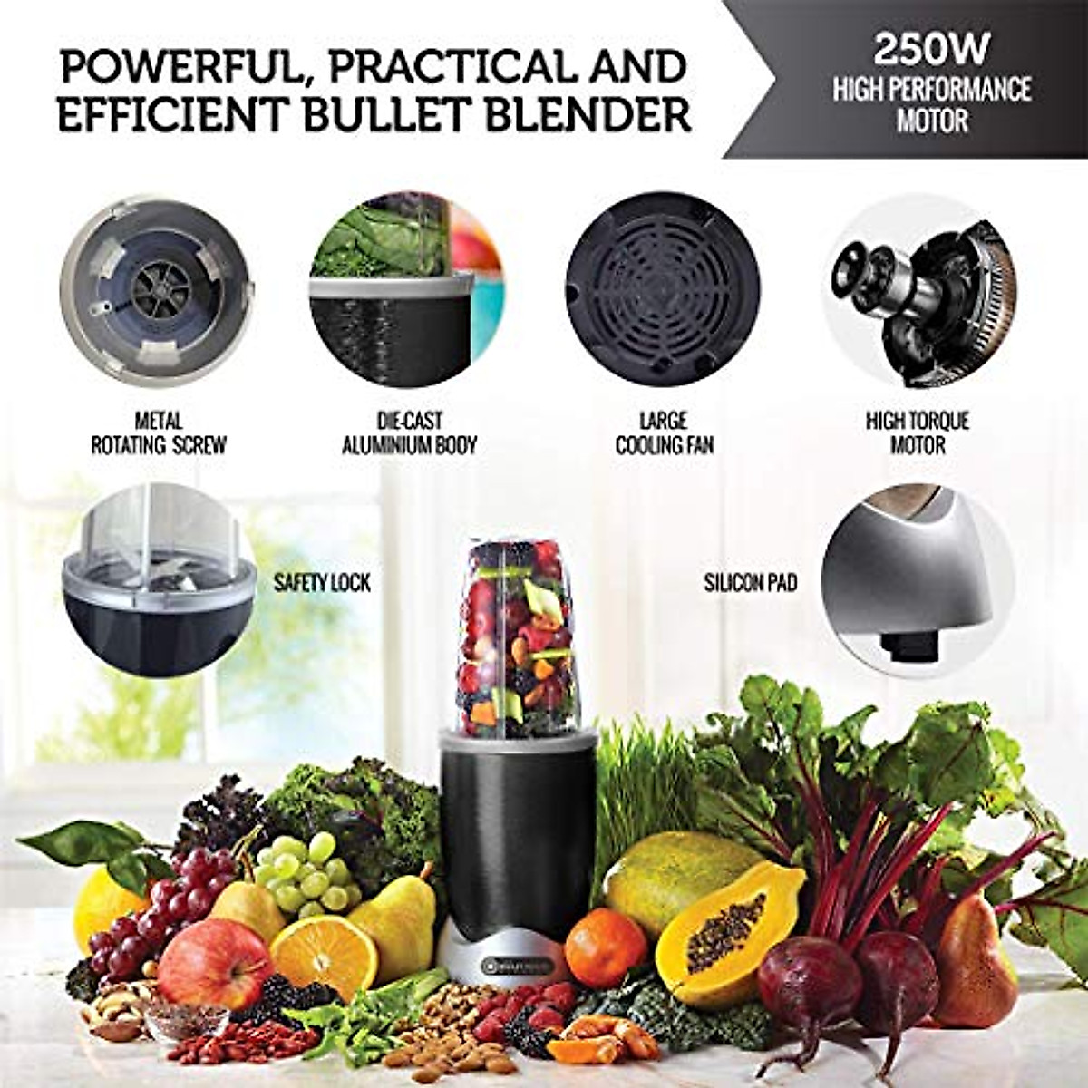 Bullet Blender Combo Mixer with 250W High Speed Fruit Vegetable Juicer Blender Coffee Grinder Blending & Grinding Blades with BPA free Tritan Travel Bottles for Frozen Fruit, Baby Food Spices Black
