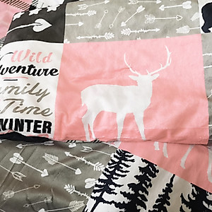 Pink Woodland Deer Personalized Baby Blanket with Name, Custom Deer and Bear Swadding Blankets for Baby Girls Kids, Woodland Nursery Decor, Adventure Soft Receiving Blankets for Newborn Infant