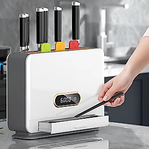 Smart Knife Holder, UV Cleaning Knife Utensil Holder with Integrated Cutting Boards Storage for Kitchen Countertop, 14.7 x 4 x 11.8 (White)