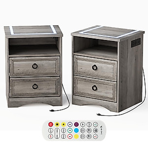 Nightstand with Strip Lights,USB Outlets Set of 2, Night Stand with Drawers, Accent Bed Side Table and End Table with Open Storage for Bedroom, Living Room,Gray