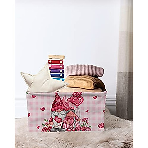 Valentine's Day Gnomes Storage Bins Shelf Baskets, Collapsible Cube Basket with Handles, Pink Plaid Love Heart Roses Waterproof Organizer for Toys/Closet/Blanket 15"x11"x9.5", 1 Pack