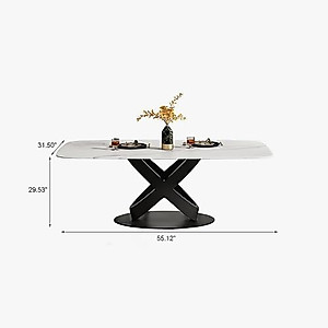POVISON Modern Dining Table for 4, White Dining Table Sintered Stone Dining Table Top with X-Shape Carbon Steel Pedestal Table, 55 inch Rectangle Dining Table for Dining Room Table