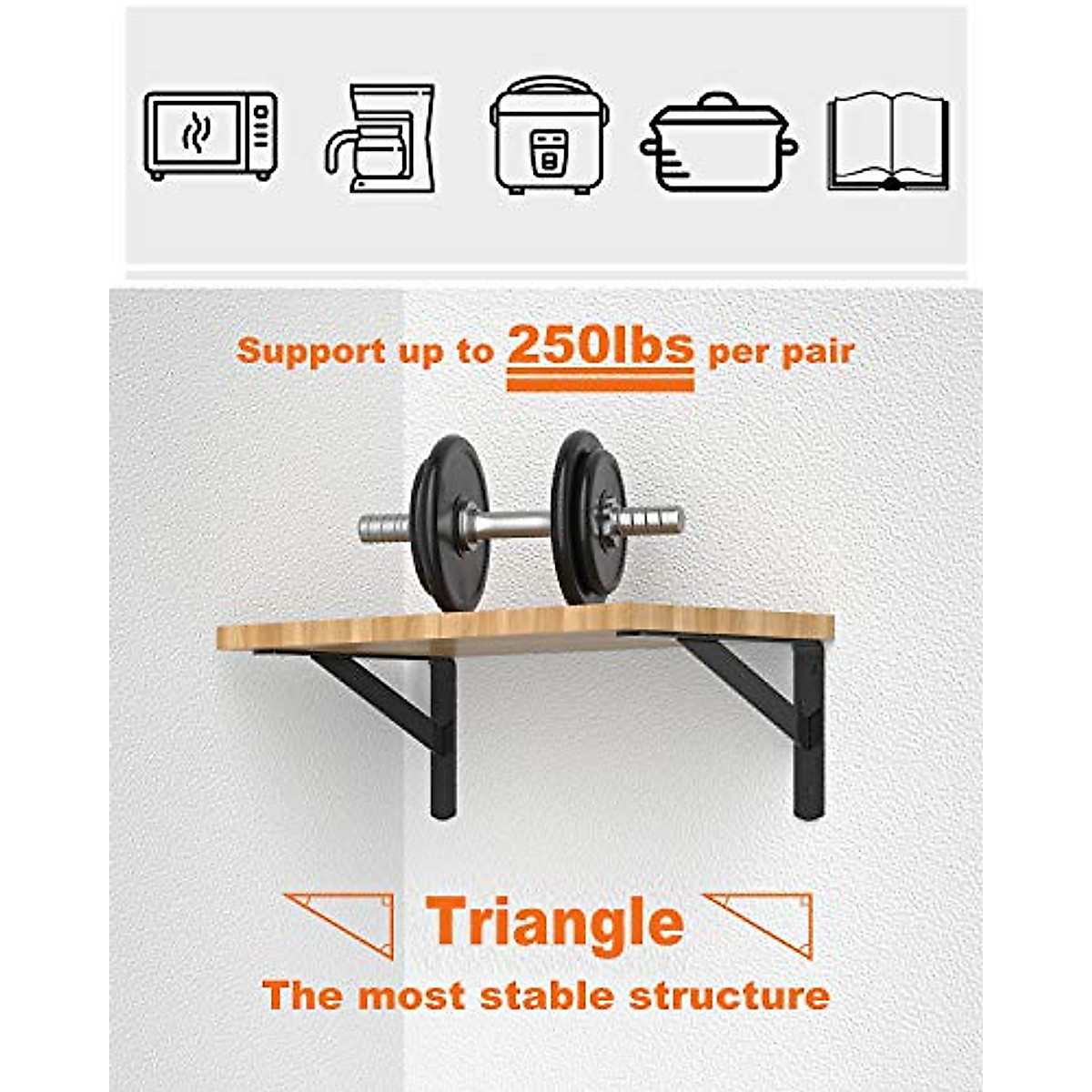 LuckIn 8-Pack Heavy Duty Shelf Bracket, 18 Inch Wall Shelf Brackets with 90 Degree Triangle, 250 LBS Max Load, Mounting Hardware Included, Black