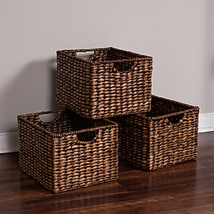 BIRDROCK HOME Storage Shelf Organizer Baskets with Handles - Set of 3 - Seagrass Wicker Basket - Pantry Living Room Office-Bathroom Shelves Organization - Under Shelf Basket - Handwoven (Natural)