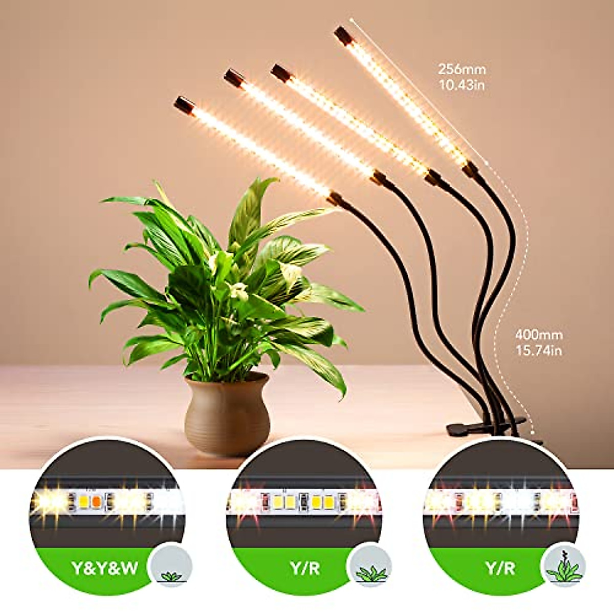 GROWSTAR Plant Lights for Indoor Growing, Full Spectrum 4 Heads Clip Grow Lamps with 10 Feet Cables for Seeding Blooming and Fruiting(2 Pack)