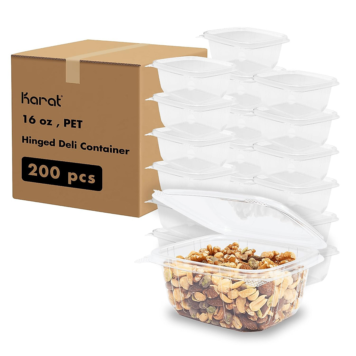 Karat PET Hinged Deli Containers with Lids - Perfect for Pasta Salads, Fruit, Deli Sides, and Home Meal Prep - Clear Plastic Food Containers, Take Out Containers (16oz)