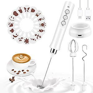 Hovico Milk Frother quiet Hand held Frother Whisk, USB Recharge able 3 Speeds for Cappuccino,Lattes,Egg Mix, Matcha, Hot Chocolate, 3 Stainless Steel Whisks(16Pcs Art Stencils Free) (White)