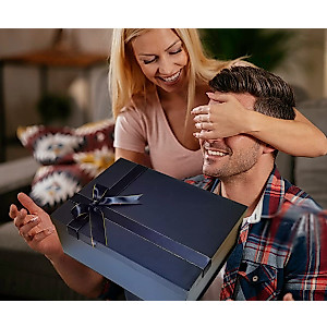 MYGOGOART Large Black Gift Box 13 x 10 x 5 Inches with Lid, Ribbon Bow, Shredded Raffia Paper Fill, Greeting Card and Envelope for Wedding Birthday Valentines Bridal Gifts (1 pack, Black)