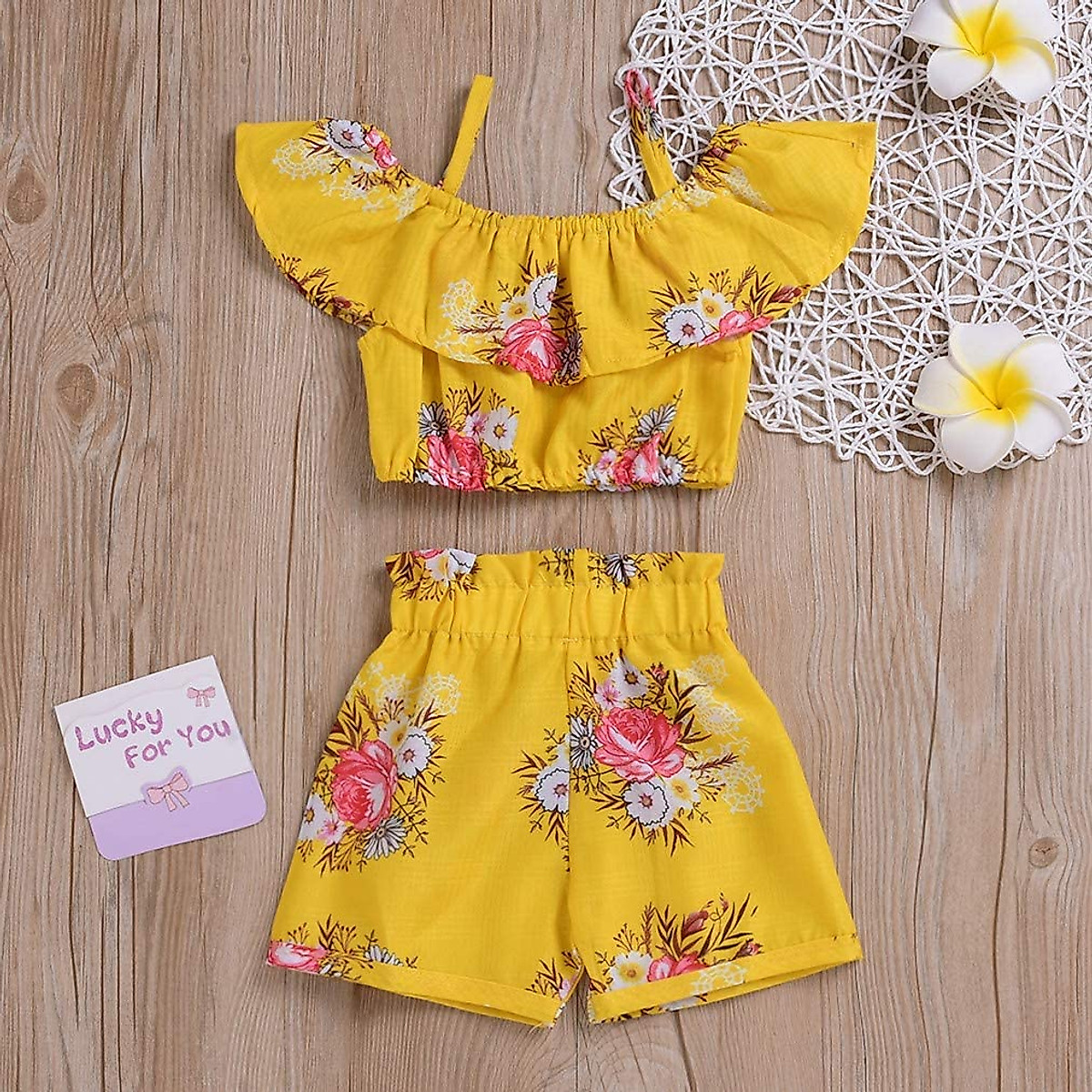 BOEBNOZCV Toddler Baby Girl Floral Halter Ruffled Outfits Set Yellow Strap Crop Tops+ Shorts Pants Summer Clothes Set