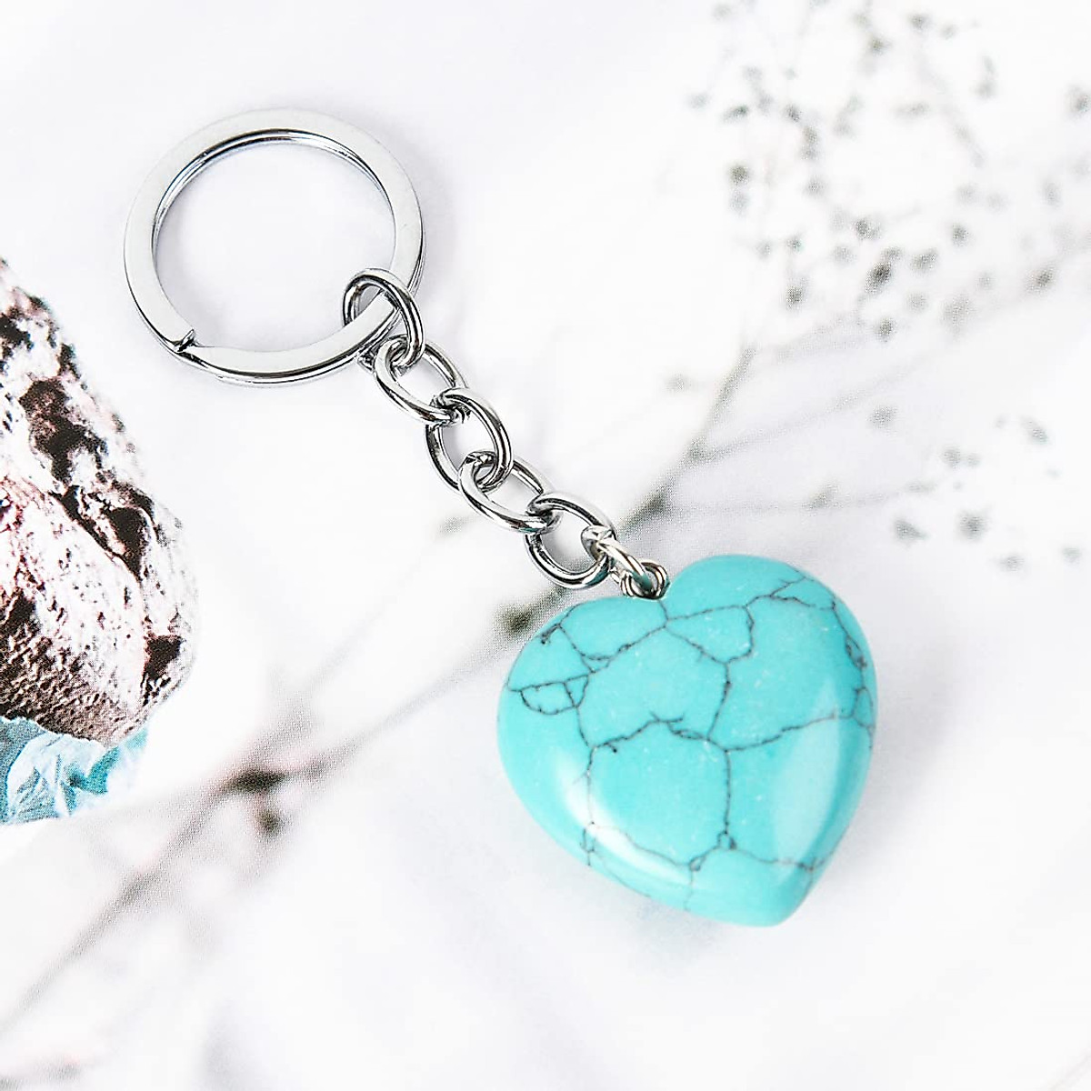 YGLINE Natural Heart Love Crystal Stone Keychain Chakra Reki Healing Crystal Gemstone Bead Keyring (Turquoise)