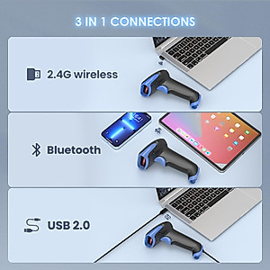 Eyoyo 2D Bluetooth Barcode Scanner Wireless, 2500mAh Handheld Cordless USB Wired QR Bar Code Reader for Library, Warehouse Inventory Compatible with iPad, Android Phone, iPhone, Laptop