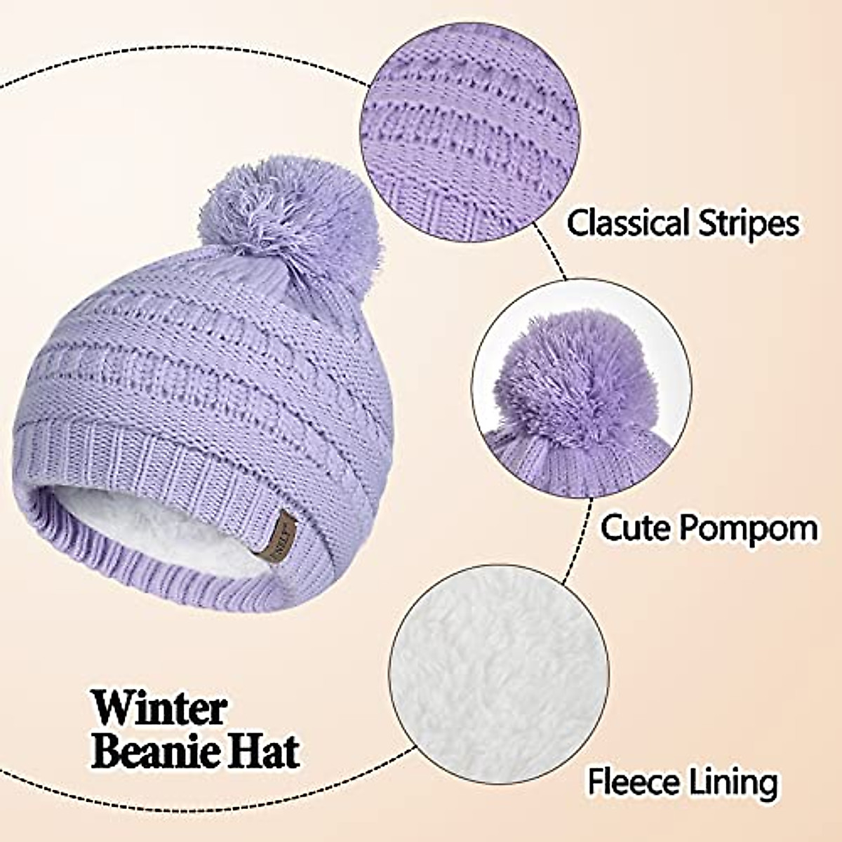 Kids Winter Beanie Hat Toddler Gloves Girls Infinity Scarf Youth Neck Warmer Warm Fleece Pom Cap Purple Thermal Knit Set 6-10 Years Old, Gorros Gorras Bufandas Para Niñas Niños, Gifts for Childrens