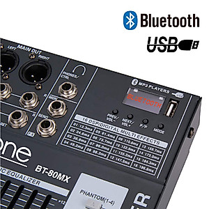 Boytone BT-80MX, 8 - Channel Bluetooth Audio Mixer - DJ Sound Controller, USB MP3 Player, 4 XLR Microphone Jack, 7 Band EQ, 16 BIT Digital Multi FX Processor, RCA IN-OUT Jack, 48V Phantom Power