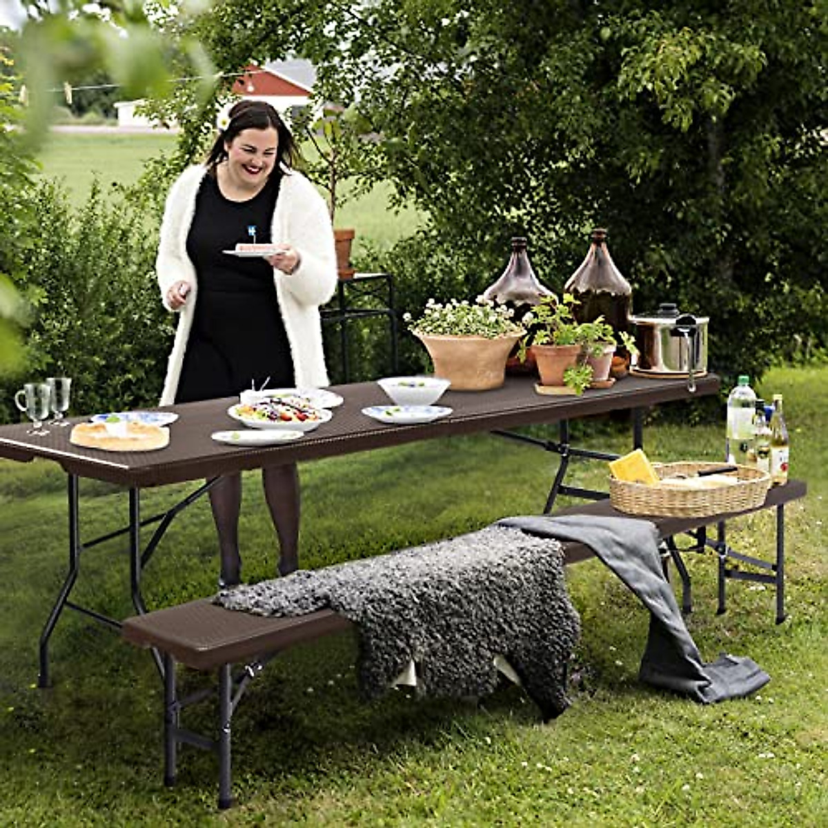 Todeco 2Pcs Folding Benches, 6 Ft Portable Foldable Bench Seat for Soccer Camping Picnic Party with Carrying Handle, Suit for Indoor & Outdoor, Brown Imitated Rattan