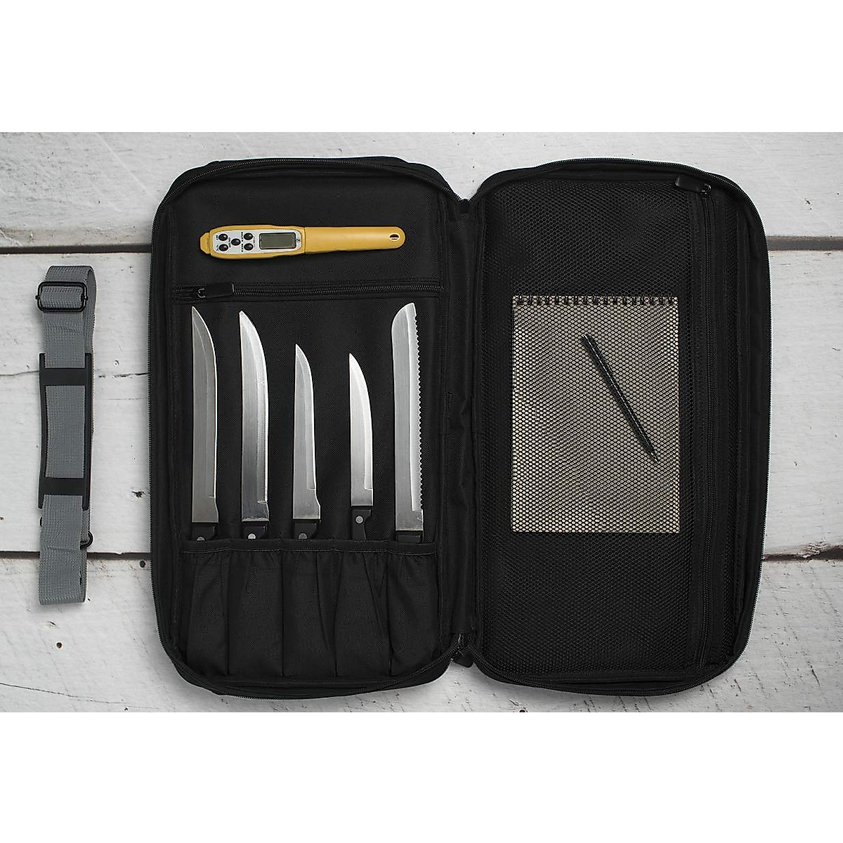 Asaya Chef Knife Bag - 28 Pockets for Knives and Kitchen Utensils - Durable Ballistic Nylon, Black Stainless Steel Hardware, Card Holder and Adjustable Shoulder Strap - Knifes not Included