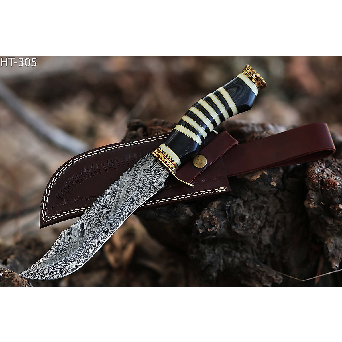 12.5 Inch long Hunting knife, Collectible knife, Scale is made of Camel bone and dollar wood, embellished with Engraved brass finger guard and pommel, Hand forged Twist pattern Damascus steel blade, Comes with Leather sheath