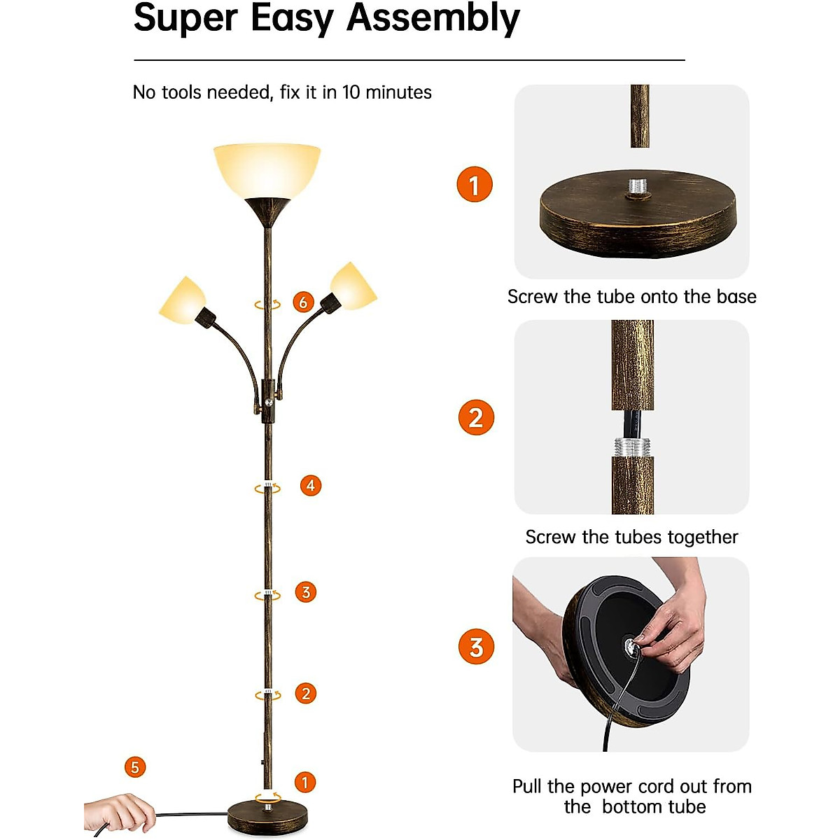 BoostArea Industrial Floor Lamp,Standing Lamp,Tree Floor Lamp with 3 Adjustable Rotating Lights, Independent Control, 3PCs LED Bulb Included, Tall Pole Lamps for Living Room, Bedroom, Home, Office