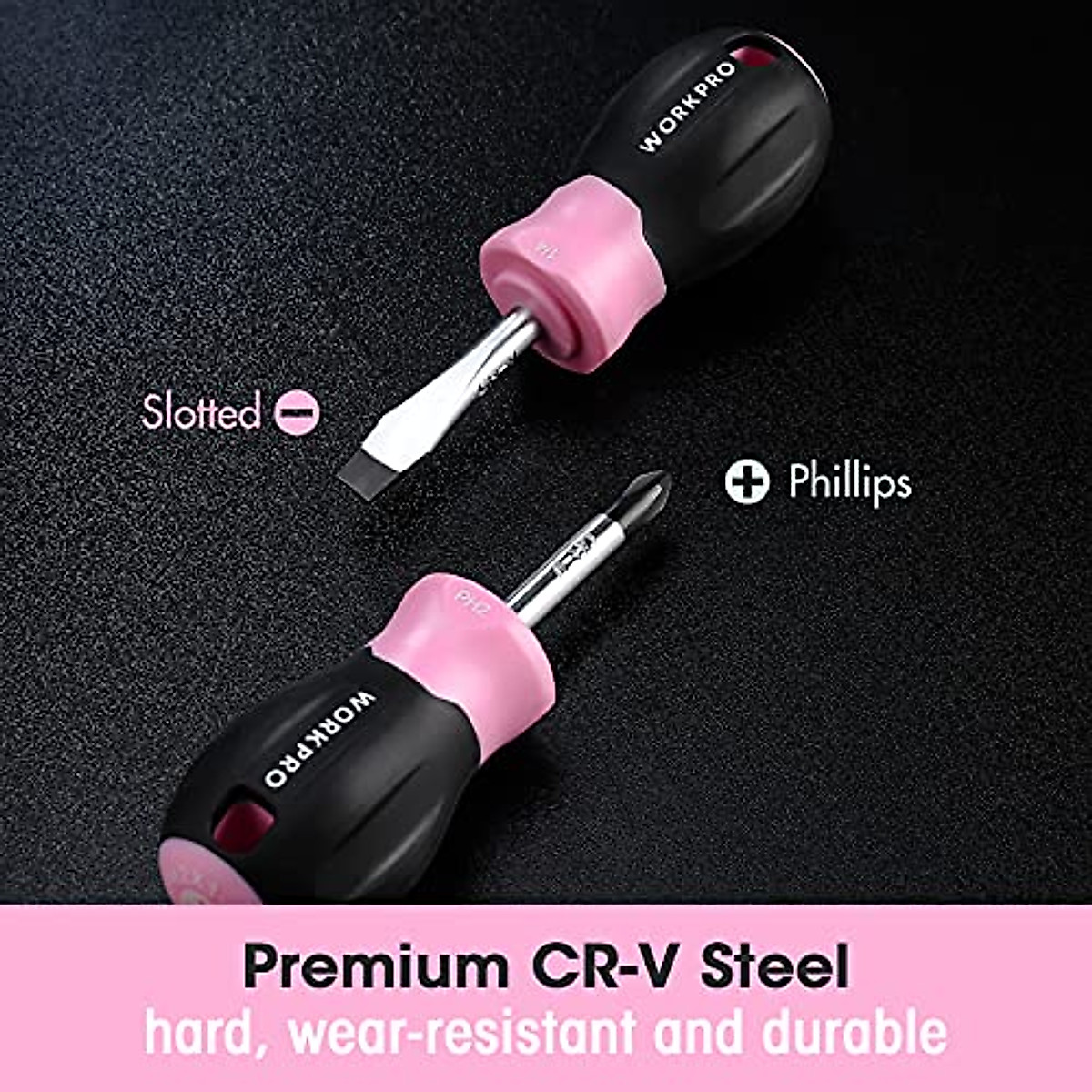 WORKPRO Magnetic Screwdrivers Set, 8-piece Pink Hand tools for Womens, Includes Philips, Flathead, Slotted, Stubby Screwdrivers with Organizer Rack - Pink Ribbon