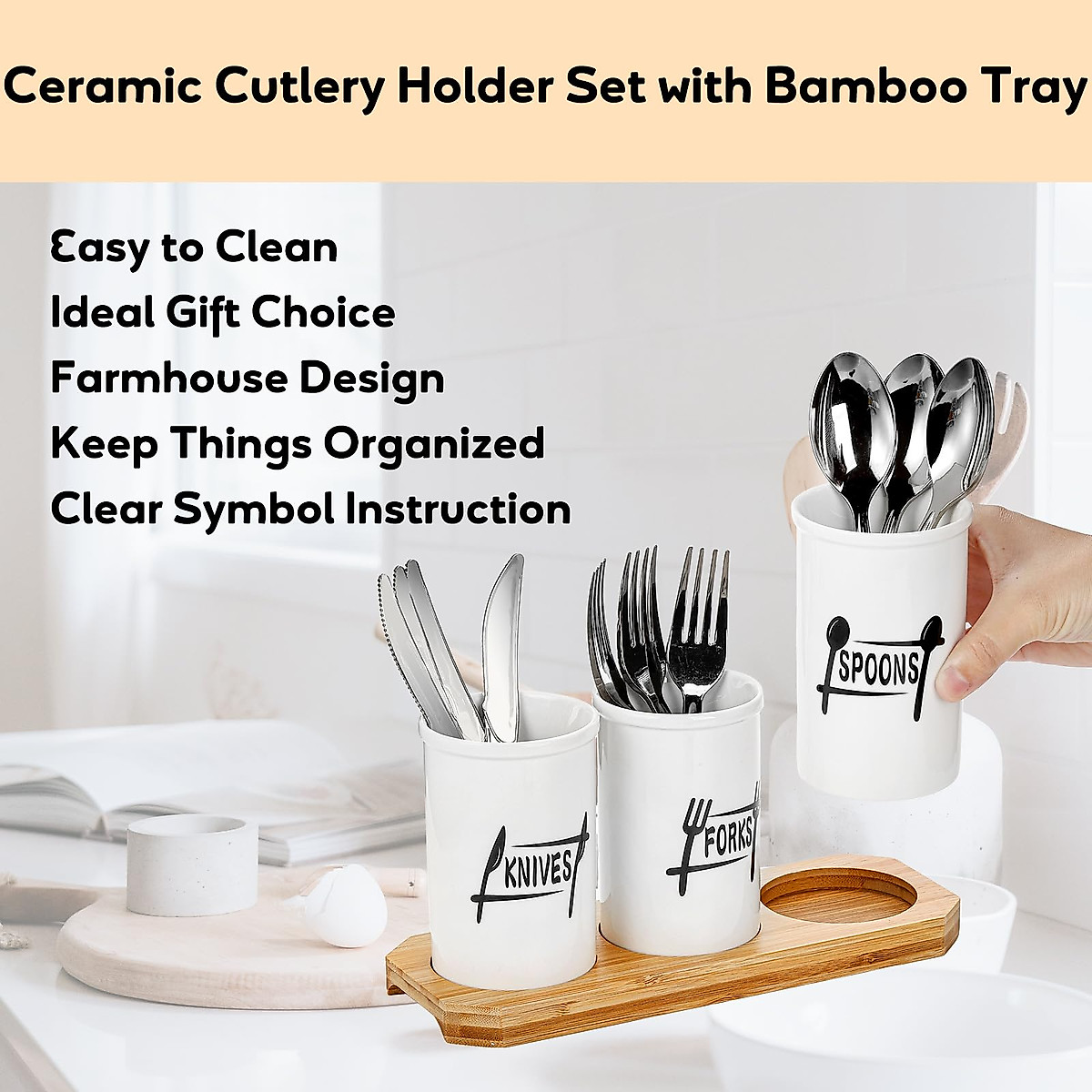 Youeon 3 Pcs Ceramic Silverware Caddy Utensil Holder for Countertop, Silverware Organizer with Bamboo Tray, Spoon and Fork Holder, Flatware Organizer Utensil Caddy for Counter, Cabinet, Restaurant