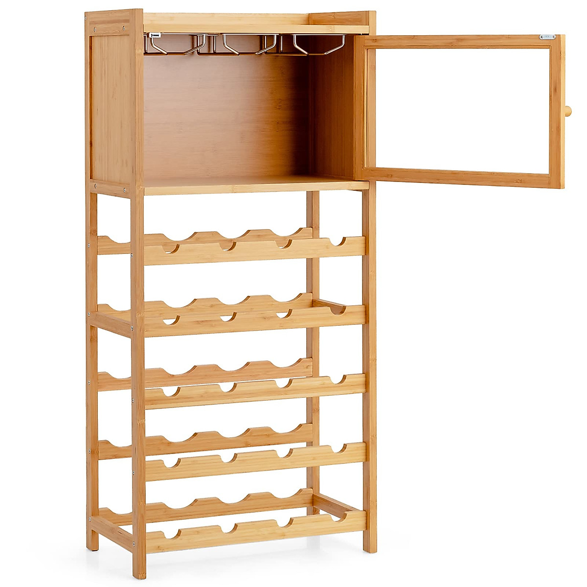 GOFLAME Floor Bamboo Wine Rack Cabinet, 20 Bottles Freestanding Wine Bottle Organizer with Glass Holder and Large Tabletop, Wine Display Storage Shelves for Dining Room, Kitchen, Pantry, Cellar, Bar