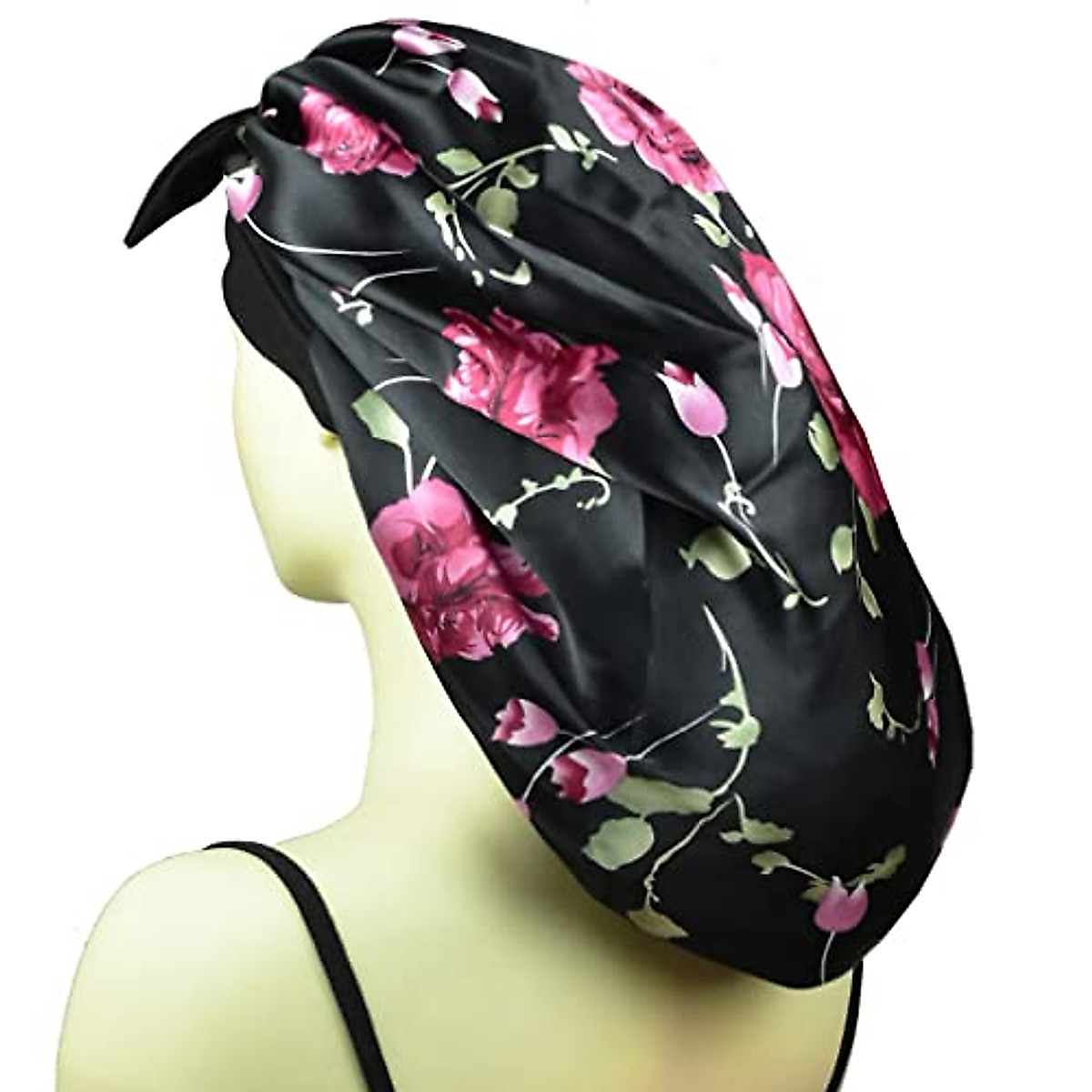 Extra Large Sleep Cap Satin Bonnet for Sleeping Long Hair Bonnet for Women Large Night Cap for Curly Hair XL Silk Bonnets (Black + Rose)