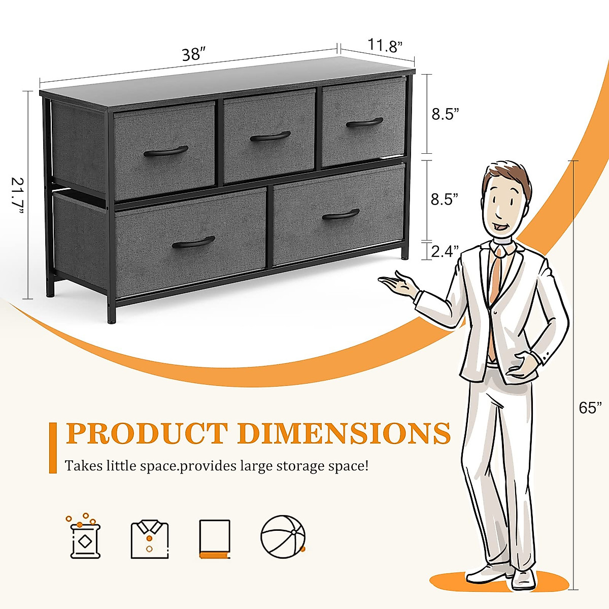 Sweetcrispy Dresser for Bedroom 5 Fabric Drawers Dresser Clothes Cabinet Storage Organizers and Wood Top Surface Table for TV, Chest of Drawers for Bedroom, Living Room, Hallway, Porch Organization