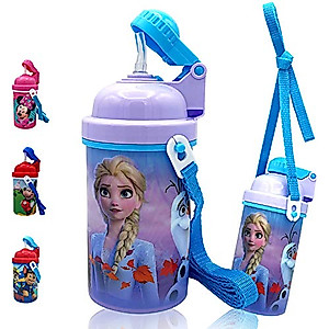 Zak Designs Disney Frozen One Touch Button Water Bottles with Reusable Built in Straw, Carrying Strap - Safe Approved BPA Free, Easy to Clean, for Kids Girls Boys, Goodies Home Travel