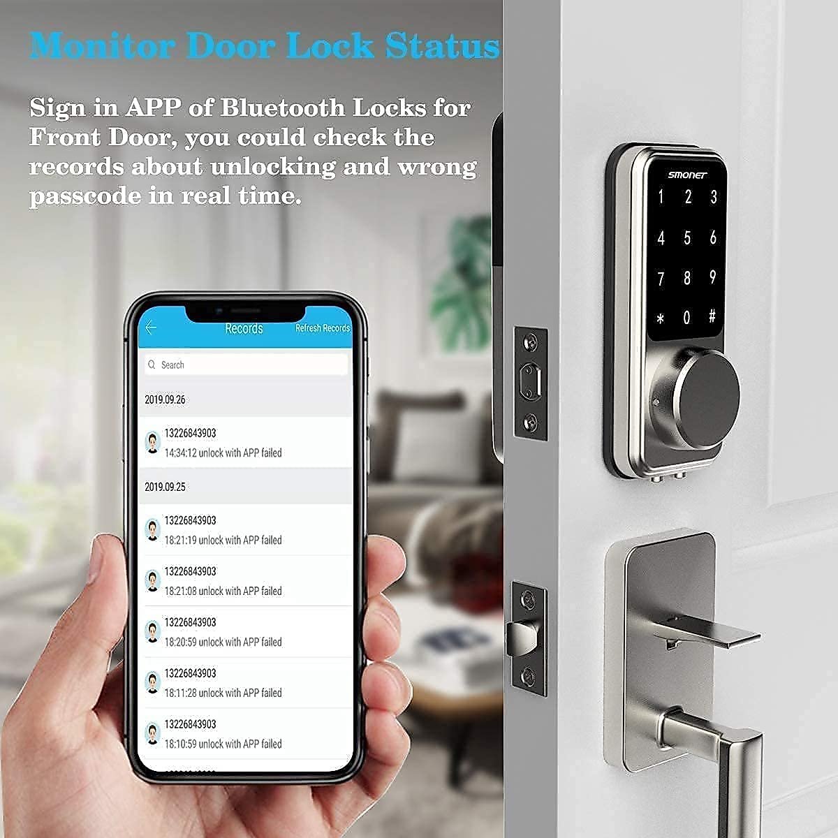 Smart Lock,SMONET Keyless Entry Door Lock,Remote Lock Unlock for Home Security,Easy Installation,Voice Control,Touchscreen Keypad Deadbolt,Code Bluetooth Electric Deadbolt for Hotel,Office