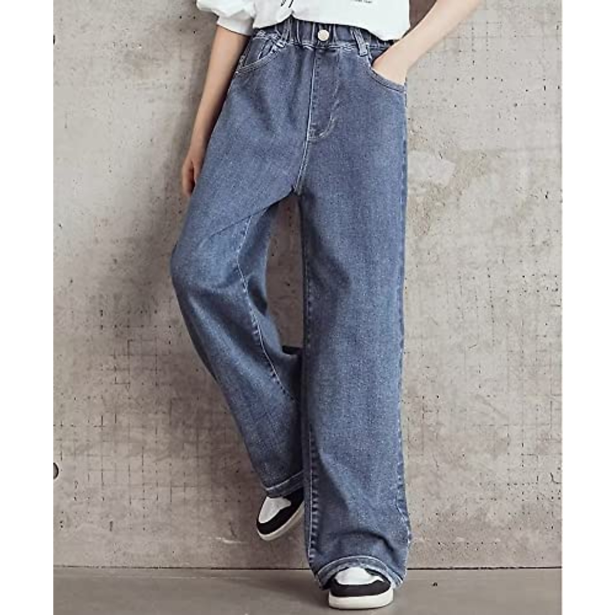 Sitmptol Teen Girls Blue Ripped Jeans Wide Leg High Waist Denim Trousers Loose Streetwear Jeans Baggy Pants Denim Blue 160 11-12 Years