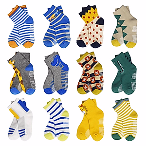 HYCLES Toddler Socks With Grip Non-Skid 12 Pairs Baby Kids Sticky Slipper Cotton Crew Socks 3-5T Children/Boy/Girl