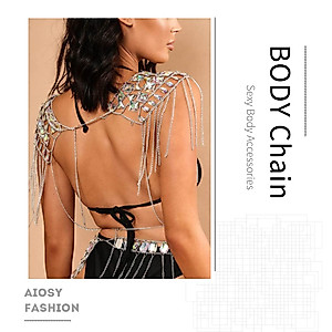 Aiosy Sparkly Rhinestone Body Chain Bra Silver Women Crystal Backless Tassel Chest Chains Bikini Halter Mesh Tops Layered Rave Outfits Jewelry Sexy Harness Body Accessories for Nightclub Festival