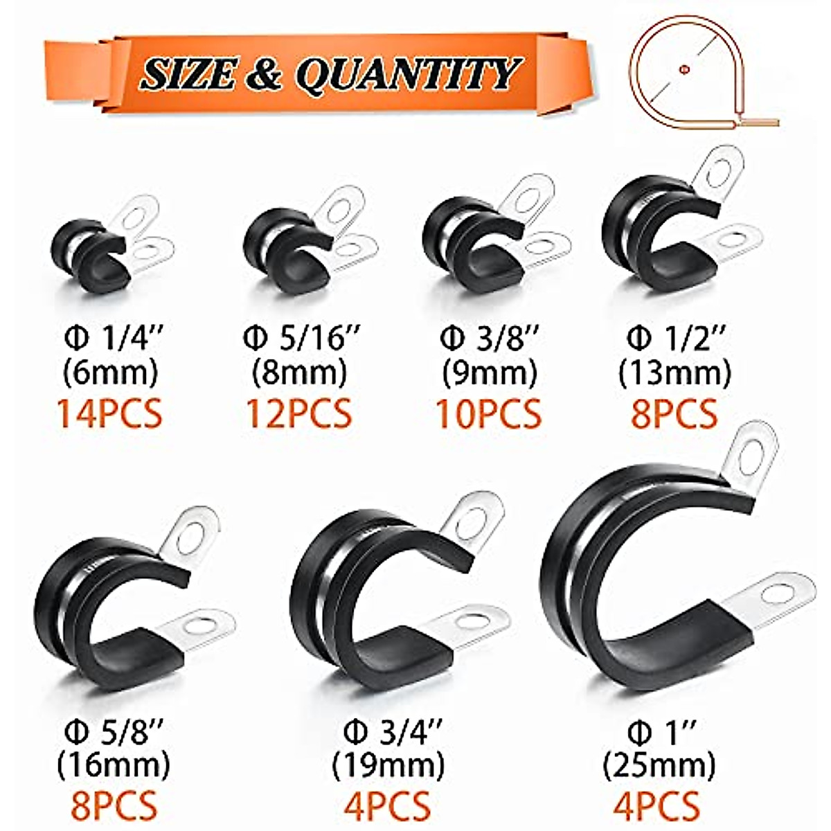 60PCS Cable Clamps Assortment Kit, Camtek Stainless Steel Rubber Cushion Pipe Clamps Hose Clamps Metal Clamp Fuel Line Hose Water Pipe Air Tubing Clamp 7 Sizes 1/4'' 5/16'' 3/8'' 1/2'' 5/8'' 3/4'' 1''