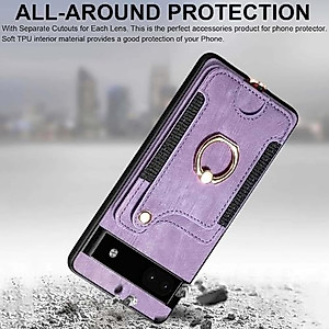 JanCalm for Google Pixel 6a Case Card Holder Wallet, Ring Stand, RFID Blocking, Wrist Strap, Camera Protector, Leather Magnetic Clasp Protective Cover for Google Pixel 6a (Purple)