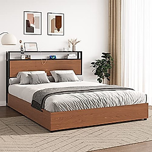 AMERLIFE Queen Size Storage Bed Frame with Charging Station, Wooden Platform with 4 Drawers & Headboard/No Box Spring Needed/Noise-Free/Cherry