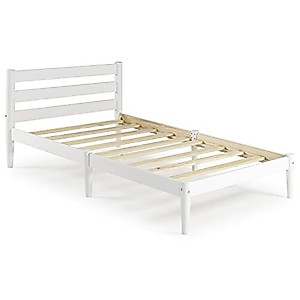 Camaflexi Mid-Century Modern Platform Bed/Solid Wood/Slat Headboard/Mattress Foundation of 10 Wood Slats - No Box Spring Needed/Easy Assembly, Mult. Colors, Twin (White)
