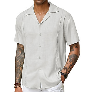 COOFANDY Mens Casual Button Down Shirts Short Sleeve Cuban Guayabera Shirt Summer Beach Top A - White