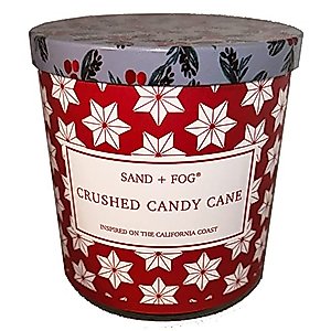 Sand + Fog Candle Crushed Candy Cane in a 11.5 oz. Glass jar - Metal lid with Images of Holly and Berries