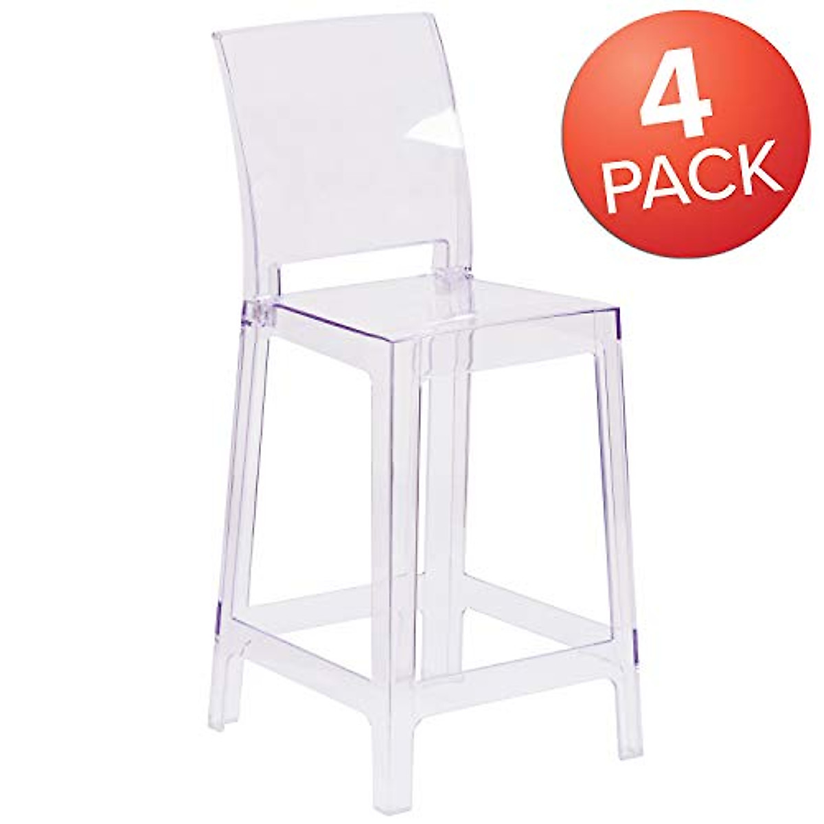 Flash Furniture 4 Pack Ghost Counter Stool with Square Back in Transparent Crystal
